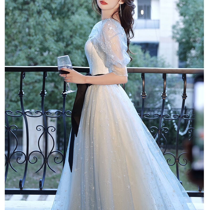 大人気上昇 薄青 パーティードレスプリンセスライン 大人気上昇 薄青 パーティードレスプリンセスライン