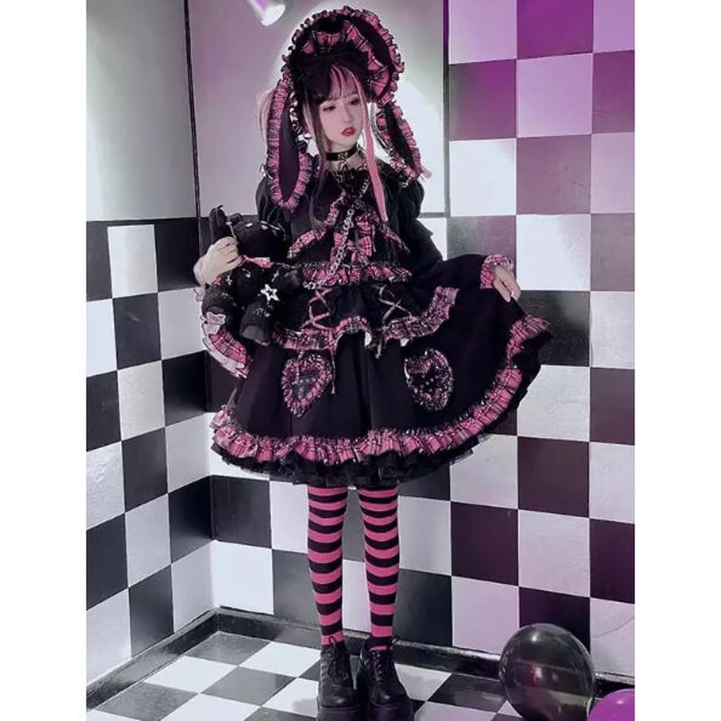 黒ピンクのゴスロリチェックワンピースセット | Fancy ☆World 黒ピンクのゴスロリチェックワンピースセット | Fancy ☆World