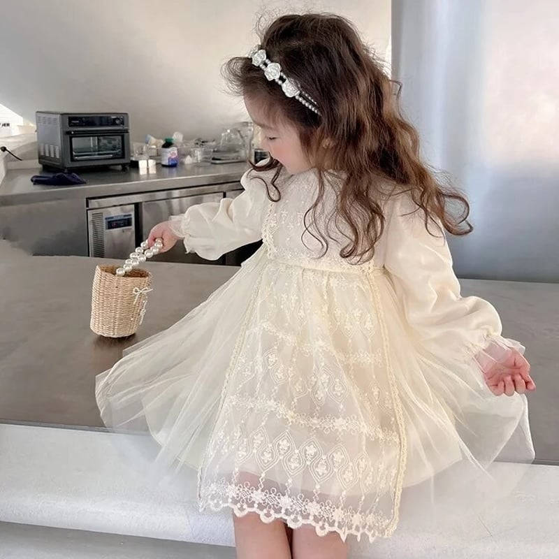 即納あり◇kids 2color ロングスリーブエプロンレースドレス 即納あり◇kids 2color ロングスリーブエプロンレースドレス