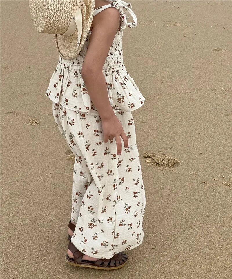 kids リネン花柄キャミシャーリングワイドパンツセットアップ kids リネン花柄キャミシャーリングワイドパンツセットアップ