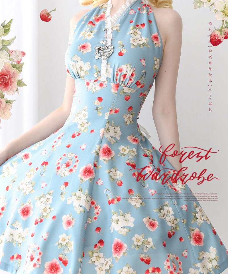 Forest Wardrobe 初夏の苺絵本 ホルターネックワンピース Forest Wardrobe 初夏の苺絵本 ホルターネックワンピース