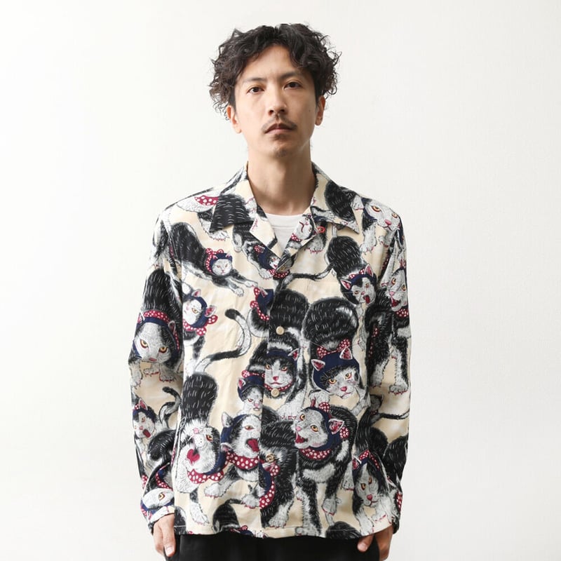 伊賀くみひもアロハシャツ 猫忍者(ベージュ・長袖)/IGA 伊賀くみひもアロハシャツ 猫忍者(ベージュ・長袖)/IGA