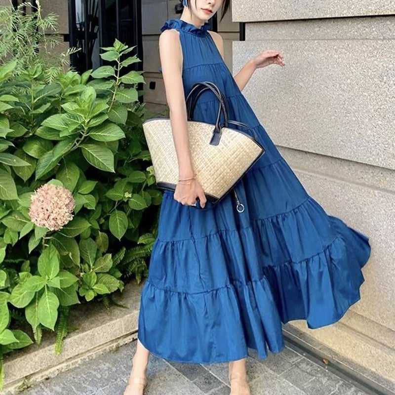 ホルターネック ノースリーブ ブルー ロングワンピース ホルターネック ノースリーブ ブルー ロングワンピース