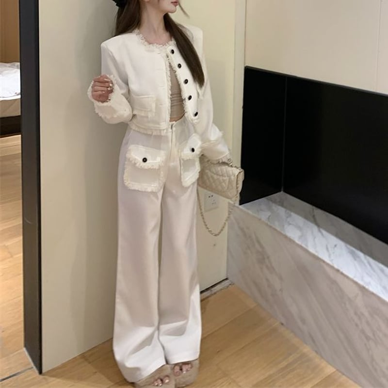 セットアップ ショートジャケット ワイドパンツ フリンジ セットアップ ショートジャケット ワイドパンツ フリンジ