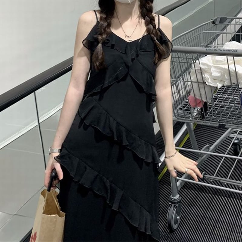 ティアードフリル キャミワンピース Vネック ロング丈 ハイ ティアードフリル キャミワンピース Vネック ロング丈 ハイ