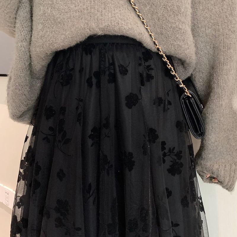 花柄チュールスカート レース ギャザー ロング丈 ハイウエスト 花柄チュールスカート レース ギャザー ロング丈 ハイウエスト
