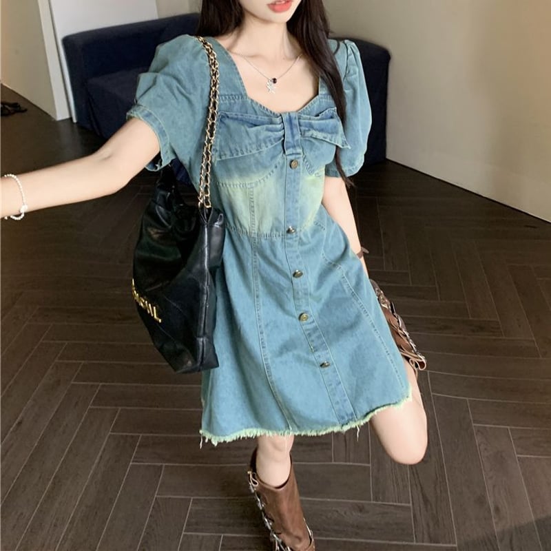 デニムワンピース スクエアネック パフスリーブ リボン 半袖 デニムワンピース スクエアネック パフスリーブ リボン 半袖