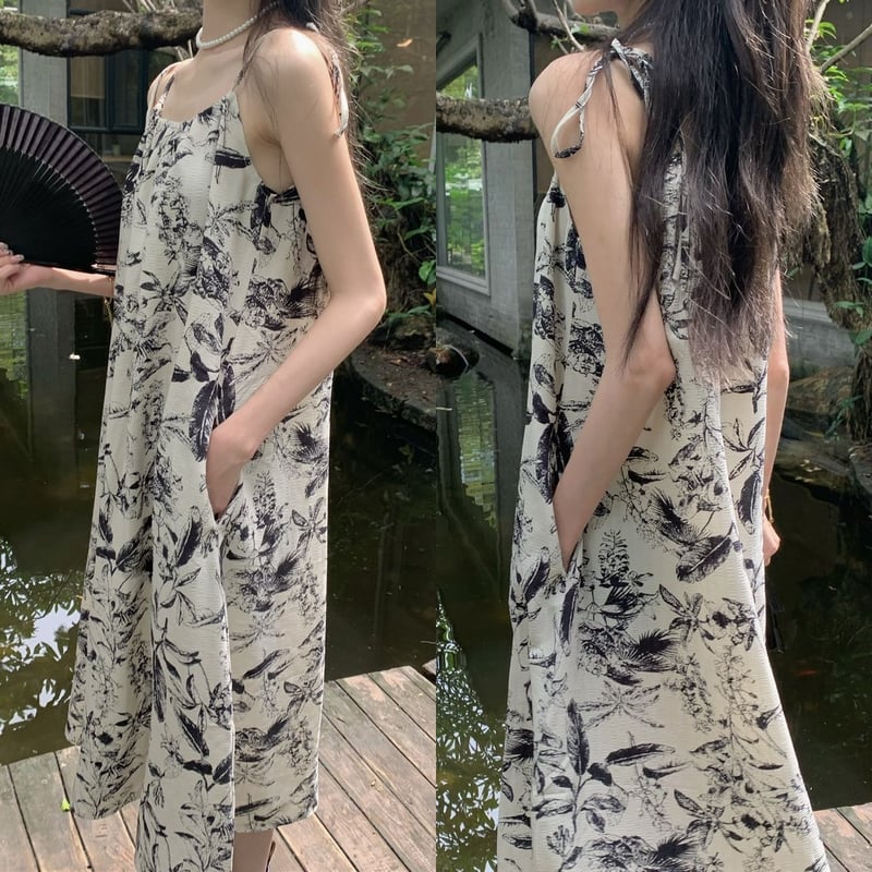 水墨画風 花柄 ワンピース キャミワンピース ロングワンピース 水墨画風 花柄 ワンピース キャミワンピース ロングワンピース