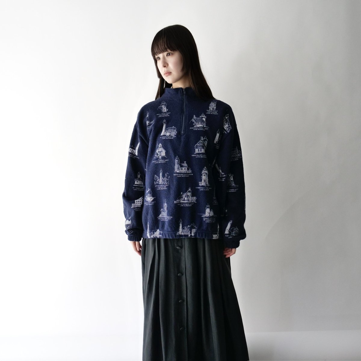 made in USA lighthouse pattern half zip up tops...