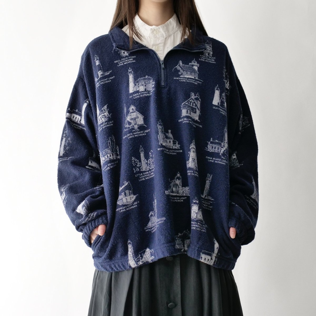 made in USA lighthouse pattern half zip up tops...