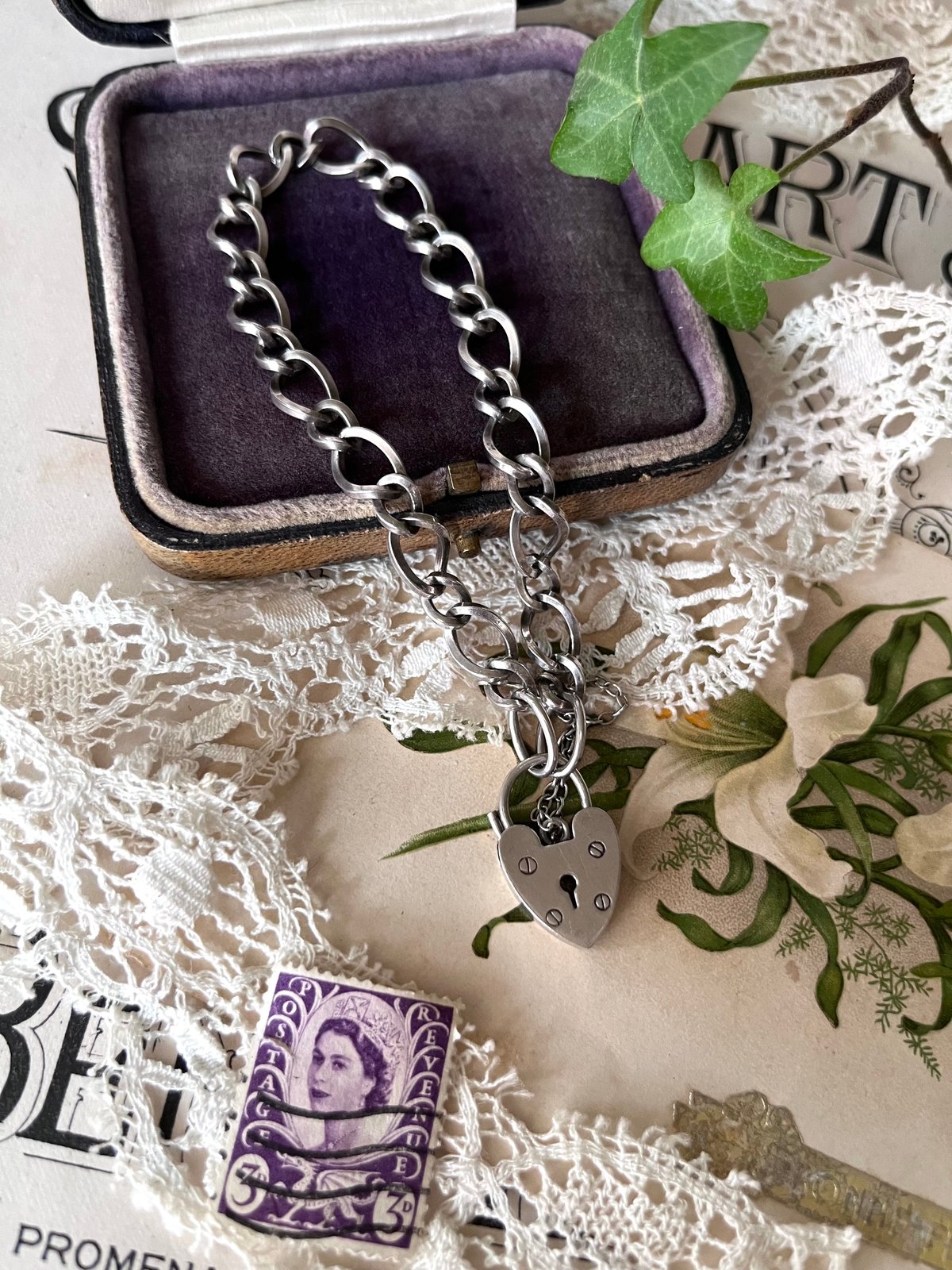 ab-373/シルバー製ハート型ロック付きのブレスレット | PISKEY -イギリスのふる...