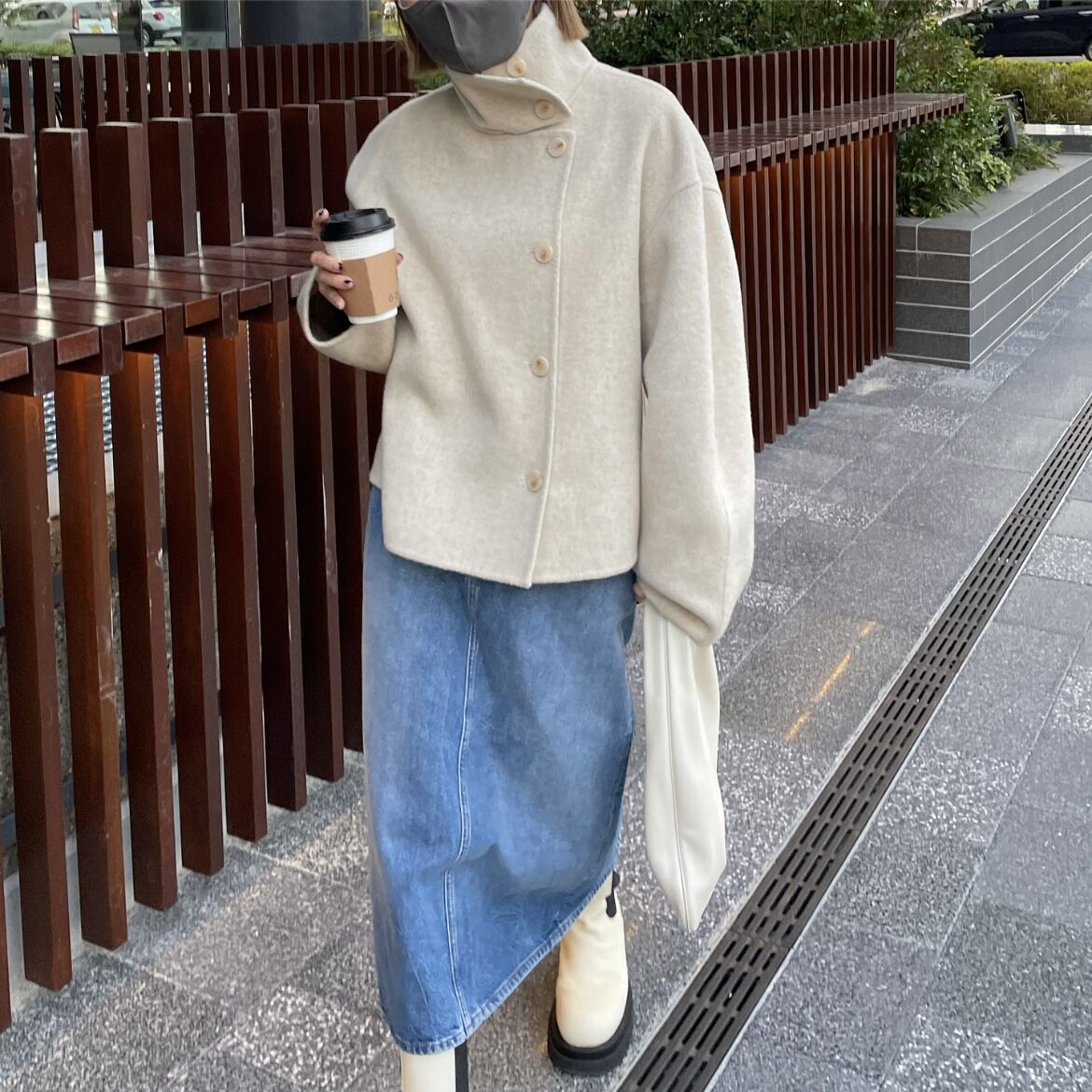 スタンドカラーショートコートgray,ecru | ok.soon スタンドカラーショートコートgray,ecru | ok.soon