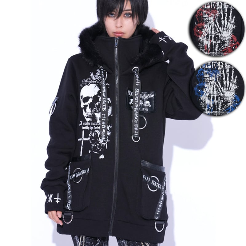 [APPAREL]/セックスポットリベンジ/PLEDGE REVERSE SKULL SHORT ZIP パーカ 黒+白×白+青 (L) ゴスロリ・パンク/SEX POT ReVeNGe SEXPOTReVeNGe】PLEDGE REVERSE SKULL SHORT ZIP パ