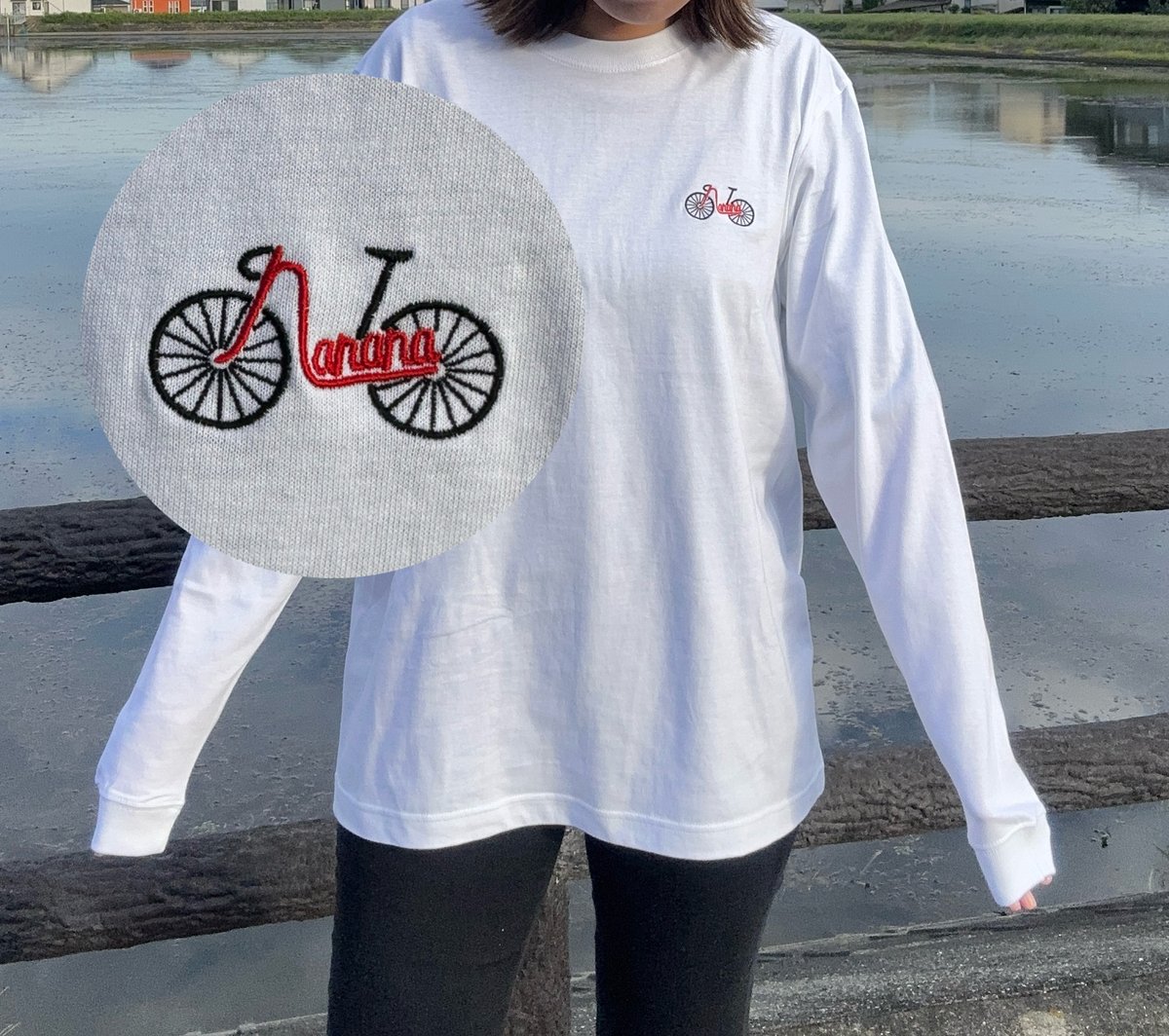刺繍レッド】自転車ロングスリーブTシャツ(ホワイト 刺繍レッド】自転車ロングスリーブTシャツ(ホワイト