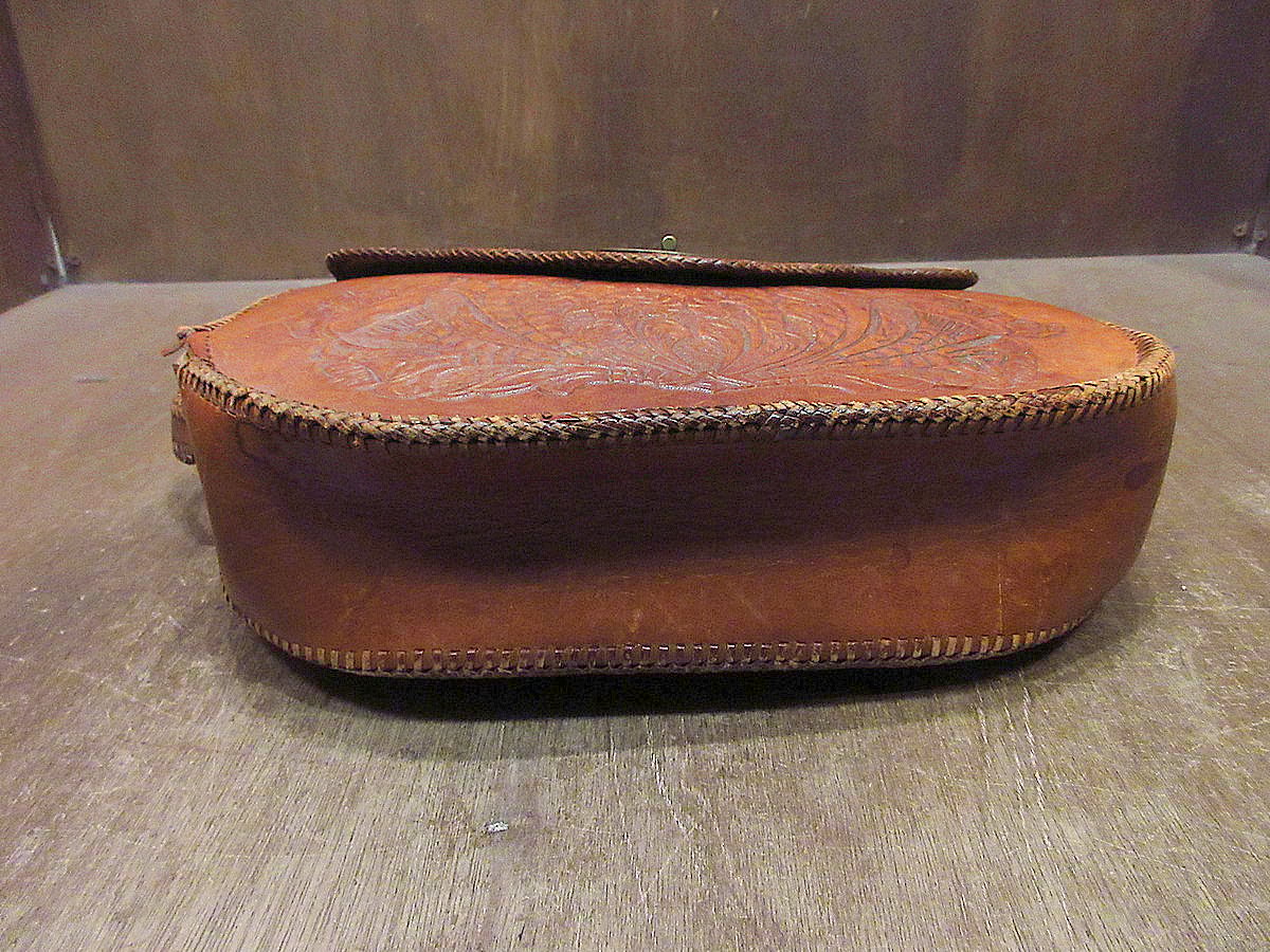 ビンテージ-60's○型押しレザーハンドバッグ茶○240220j6-bag ビンテージ-60's○型押しレザーハンドバッグ茶○240220j6-bag