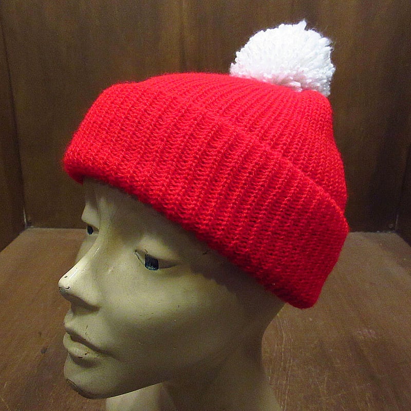 ビンテージ70's80's○DEADSTOCKボンボン付き無地ニット帽赤 ビンテージ70's80's○DEADSTOCKボンボン付き無地ニット帽赤