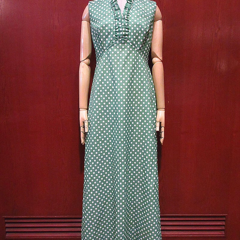ビンテージ70's○ドットノースリーブワンピース黄緑×白size 12 ビンテージ70's○ドットノースリーブワンピース黄緑×白size 12