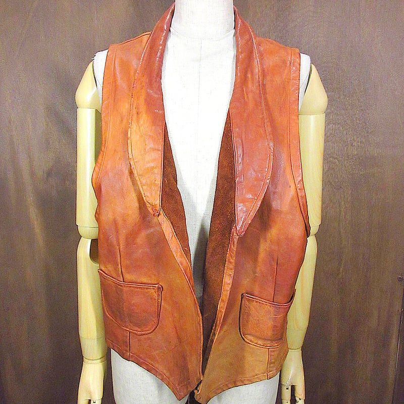 ビンテージ60's70's○レザーベスト茶○231005j3-m-vs古着 ビンテージ60's70's○レザーベスト茶○231005j3-m-vs古着