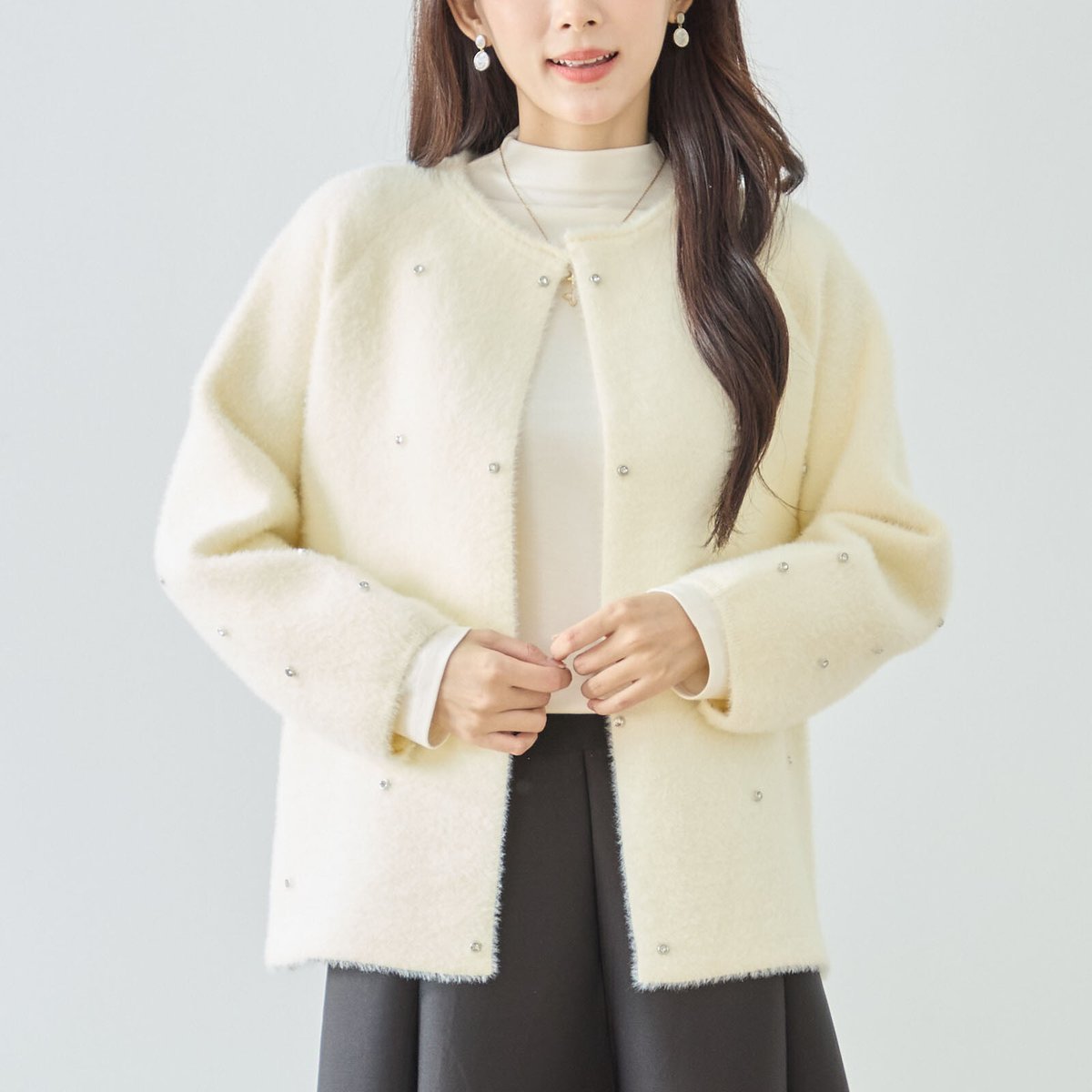 【M~L】ビジュー付きシャギーニットジャケット (R32-157A) | prologueik...