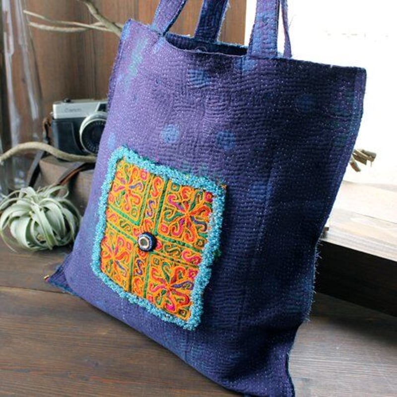 ヴィンテージ カンタ(ラリーキルト)藍染トートバッグ 刺繍 ヴィンテージ カンタ(ラリーキルト)藍染トートバッグ 刺繍