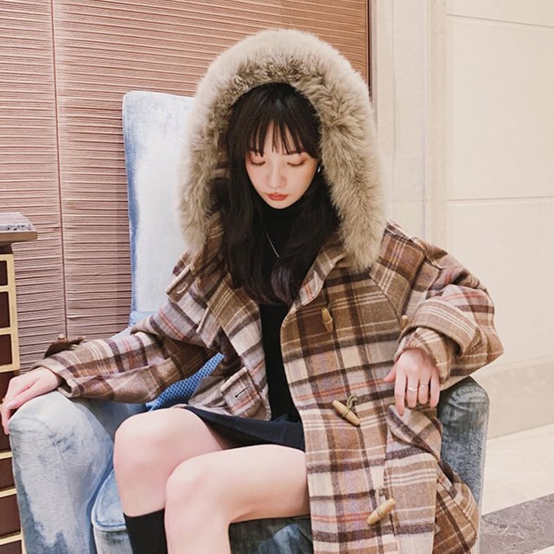 フード付き チェック柄 ウールコート ジャケット コート アウター 秋冬