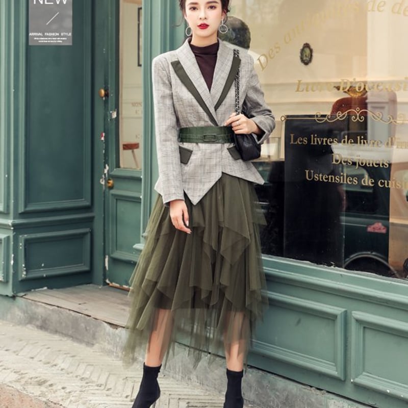 セットアップ】チェック柄ブレザー+シフォンスカート セットアップ】チェック柄ブレザー+シフォンスカート
