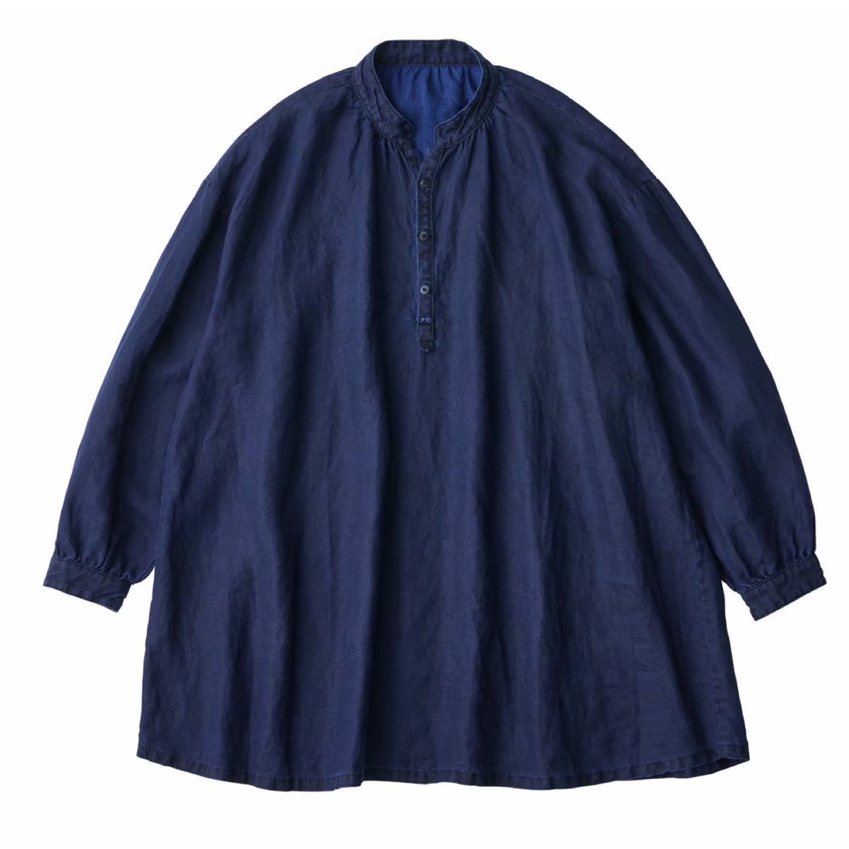 FARMER'S LINEN STAND COLLAR LONG SMOCK SHIRT