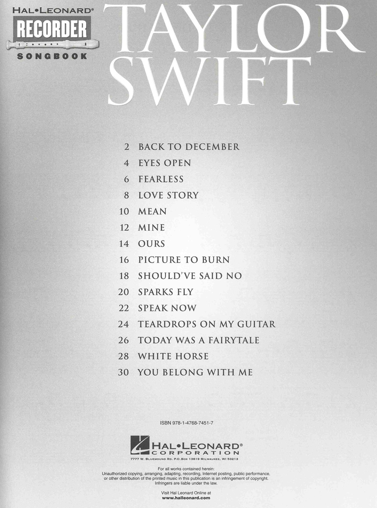 【00110275】テイラー・スウィフト：リコーダー・ソングブック＜リコーダー・ソロ＞ | S...