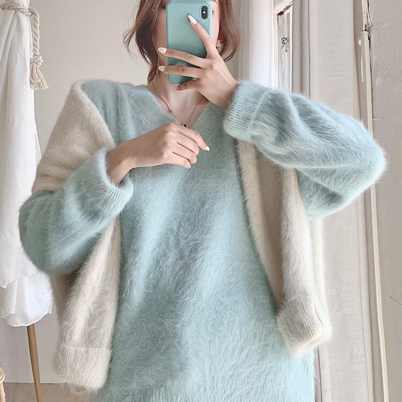 Vネックプルオーバー無地ルーズウォームモヘアニットセーター Vネックプルオーバー無地ルーズウォームモヘアニットセーター