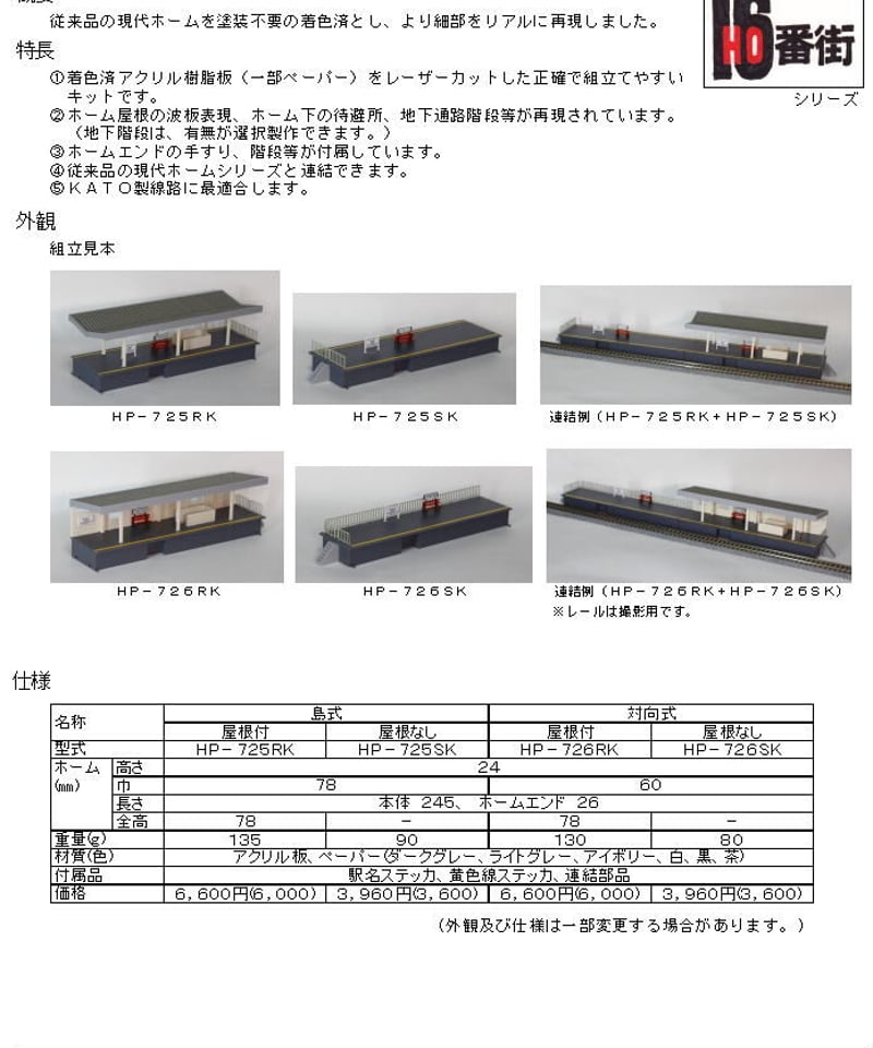 HOゲージサイズ 現代ホームプラス組立キット(対向式屋根なし HOゲージサイズ 現代ホームプラス組立キット(対向式屋根なし