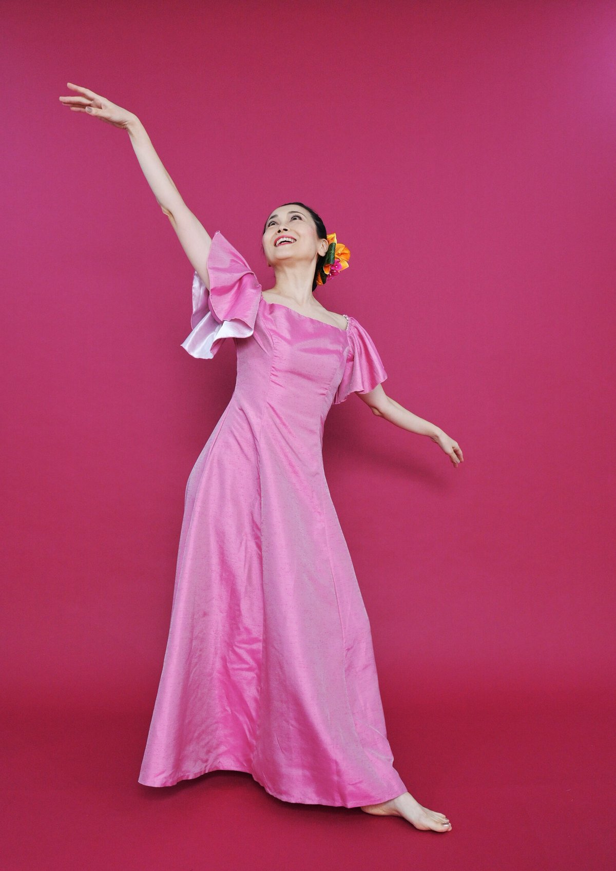 【DR079】シャンブレーシャンタンフレア袖ドレス/ピンク | I MUA