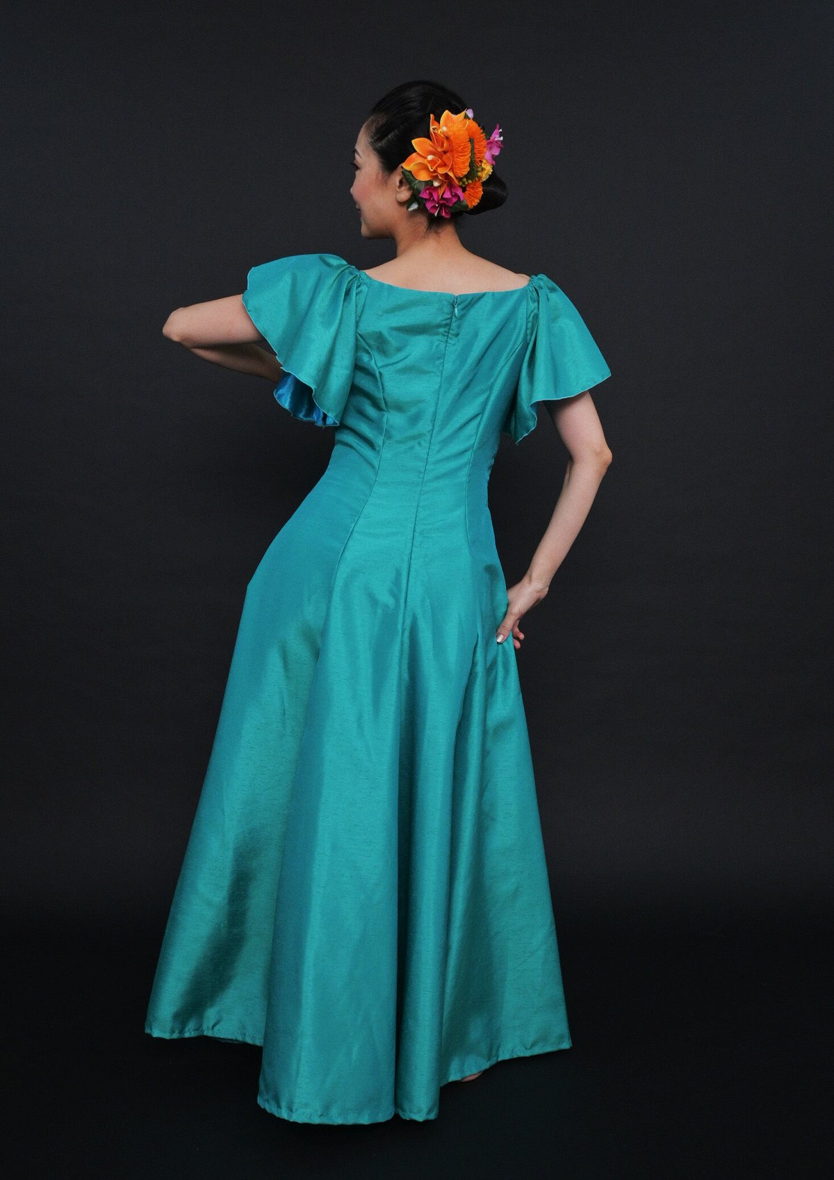 【DR079】シャンブレーシャンタンフレア袖ドレス_ティールグリーン | I MUA
