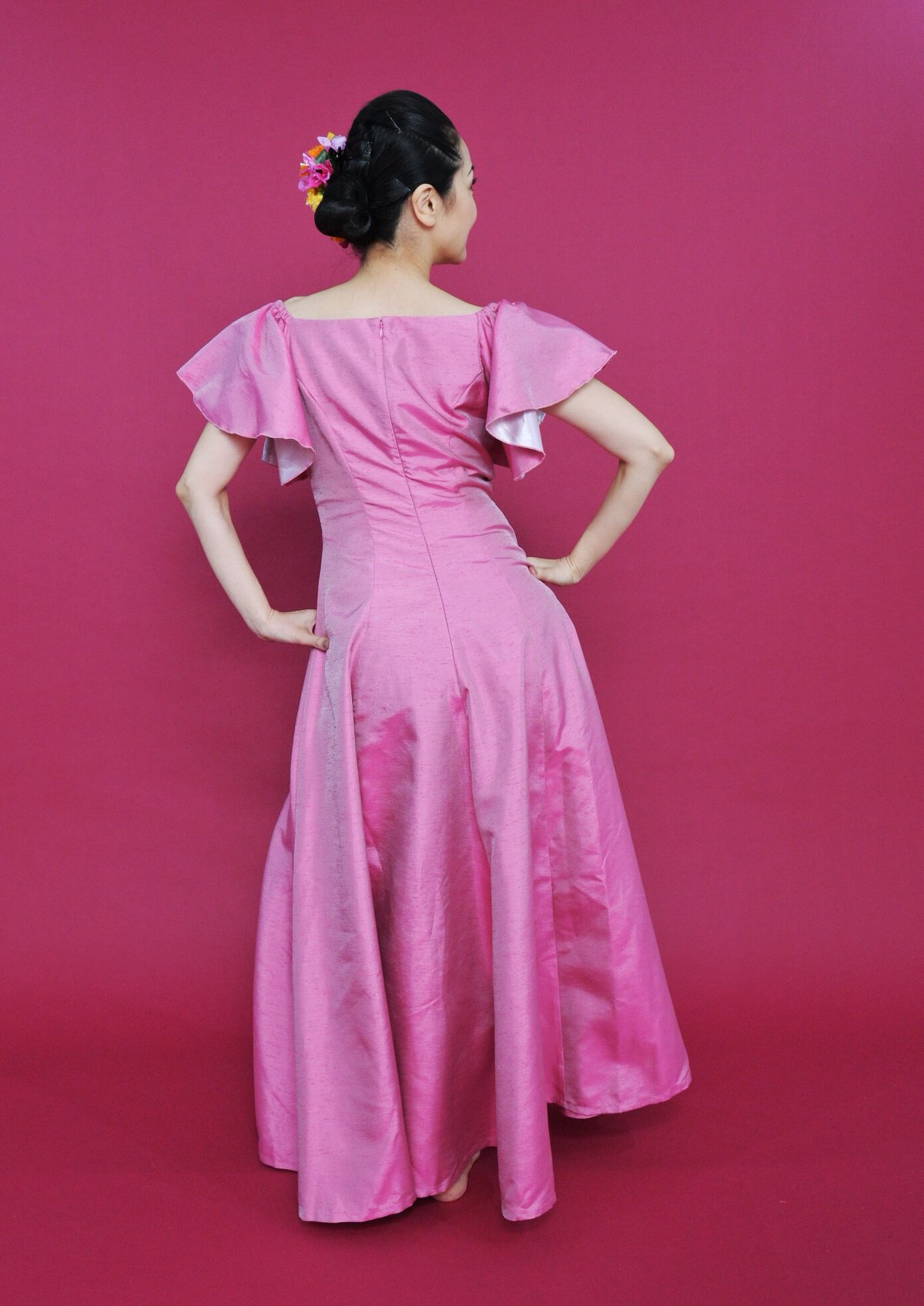 【DR079】シャンブレーシャンタンフレア袖ドレス/ピンク | I MUA