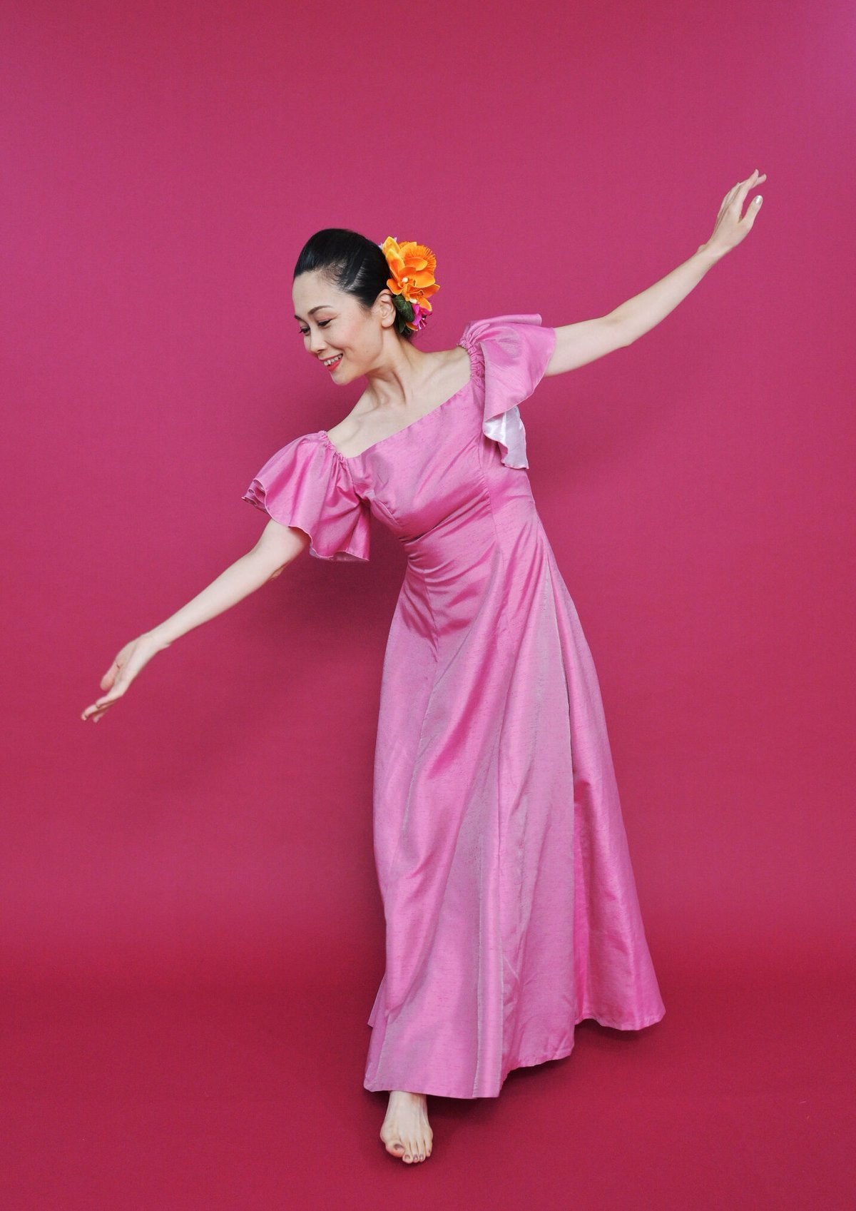 【DR079】シャンブレーシャンタンフレア袖ドレス/ピンク | I MUA