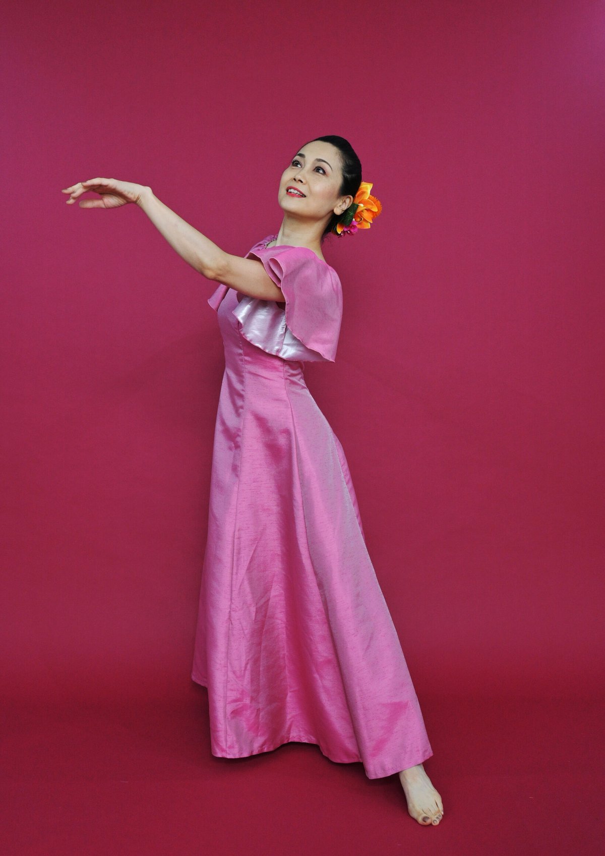 【DR079】シャンブレーシャンタンフレア袖ドレス/ピンク | I MUA