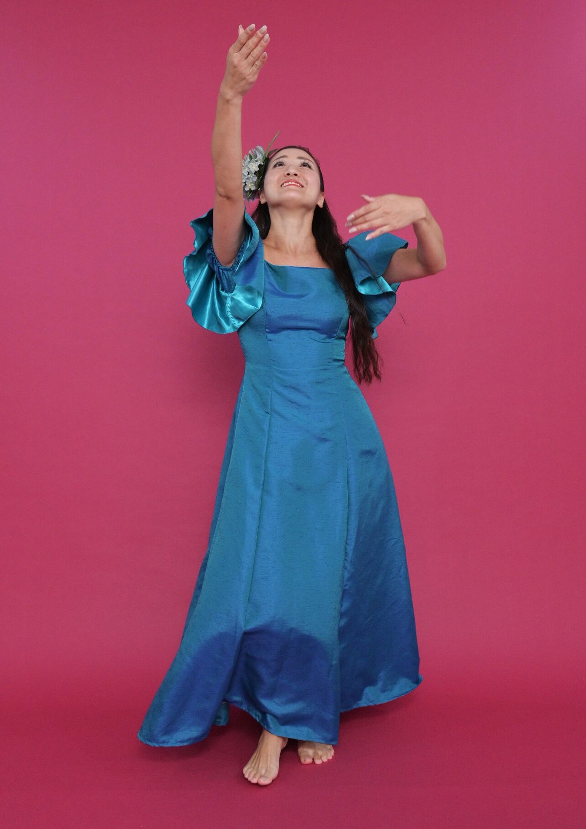 【DR079】シャンブレーシャンタンフレア袖ドレス ブルー | I MUA