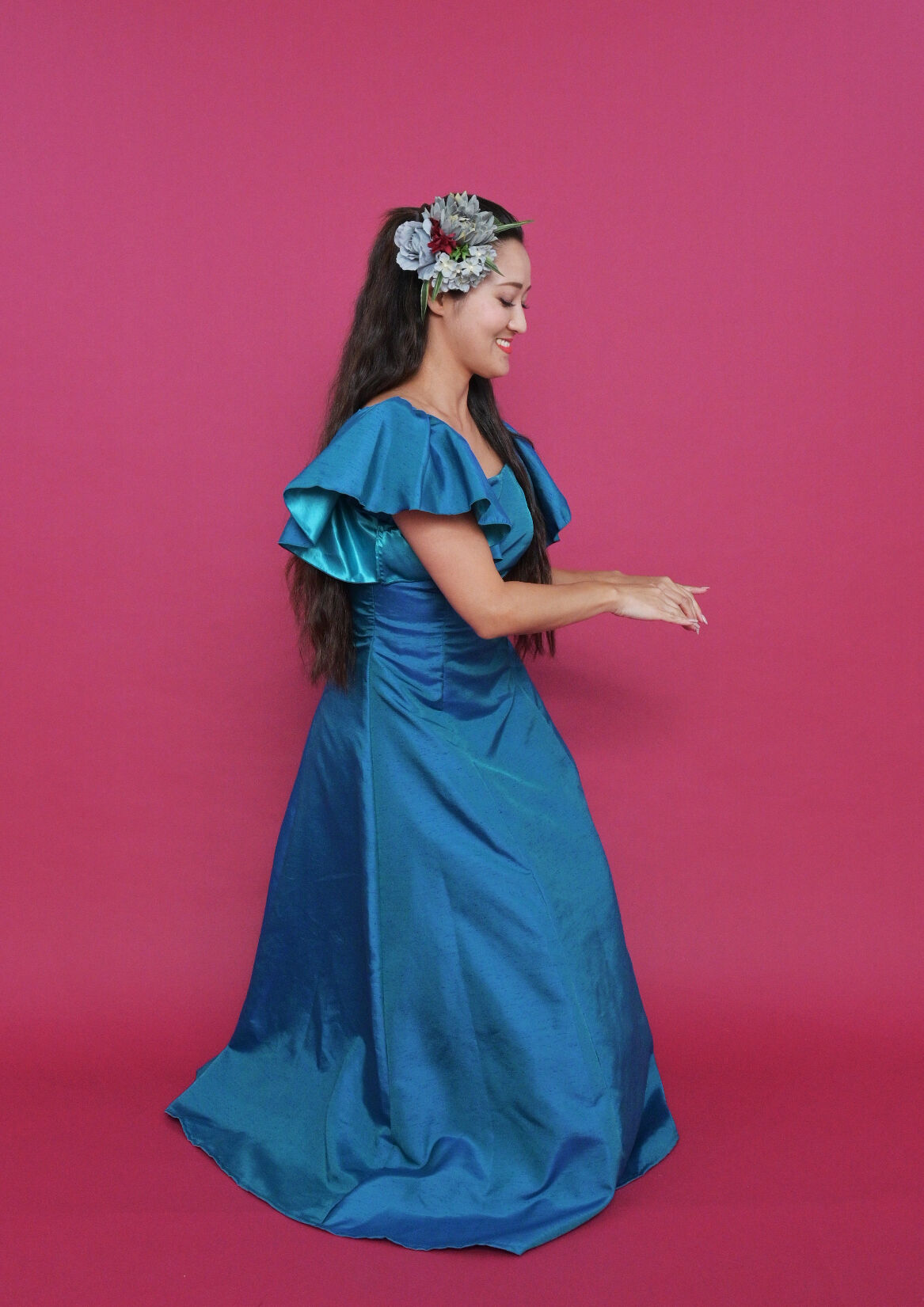 【DR079】シャンブレーシャンタンフレア袖ドレス ブルー | I MUA