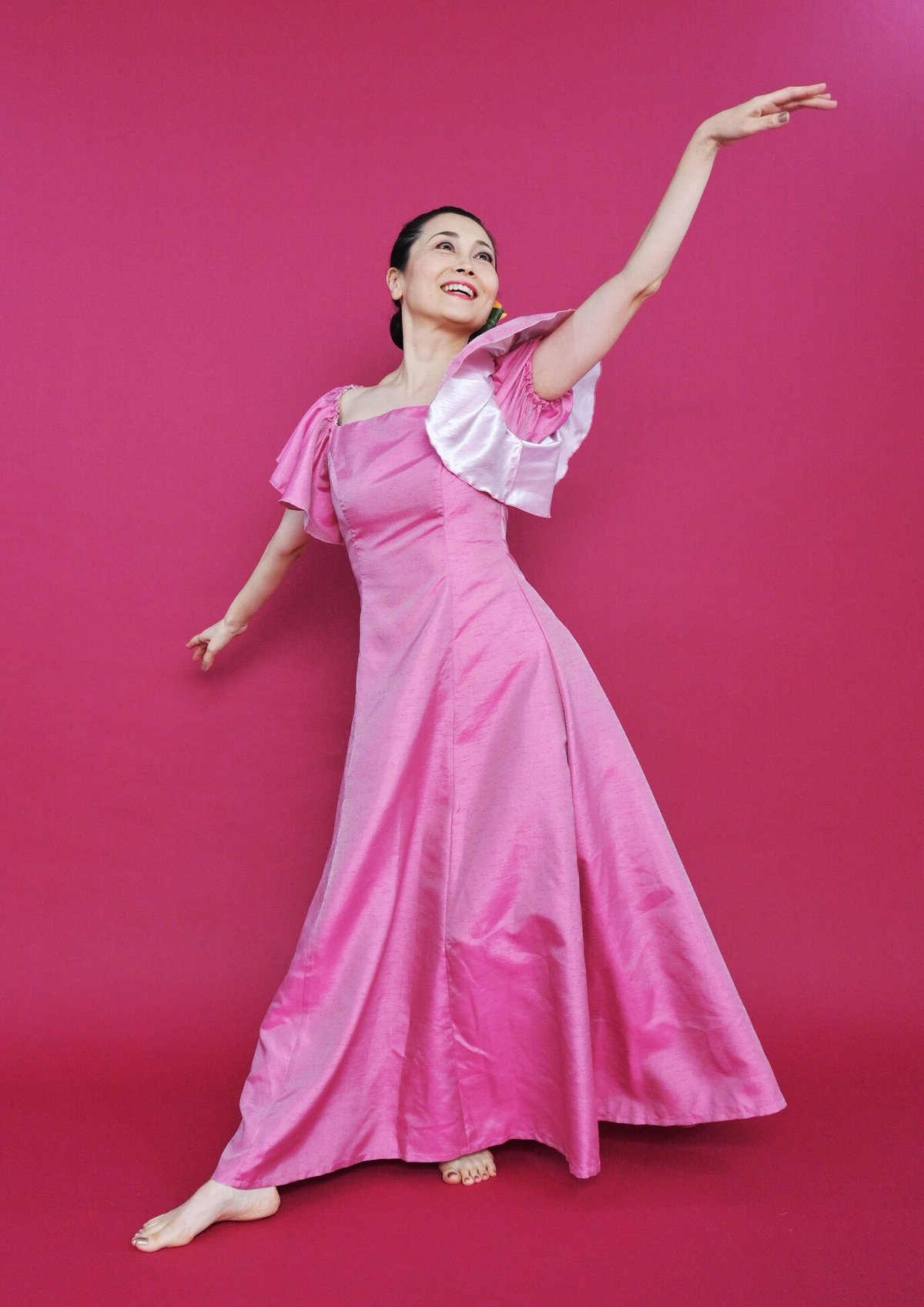 【DR079】シャンブレーシャンタンフレア袖ドレス/ピンク | I MUA