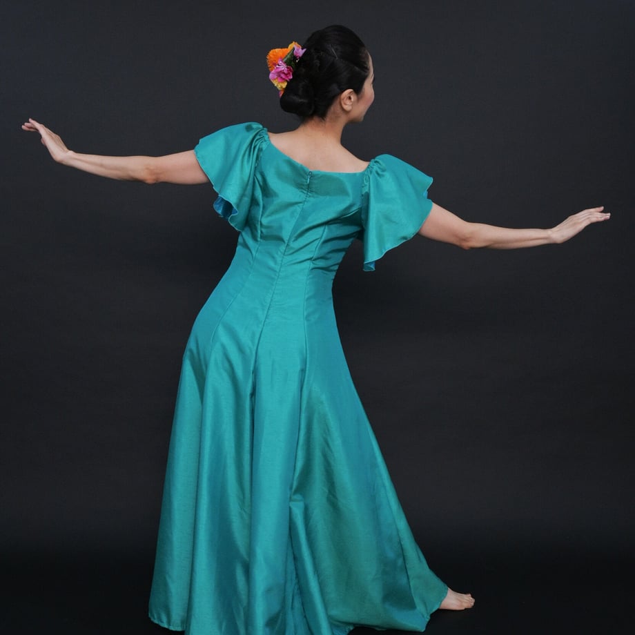 【DR079】シャンブレーシャンタンフレア袖ドレス_ティールグリーン | I MUA