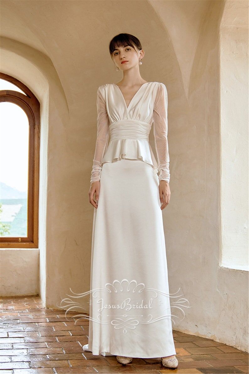 Vネック パーティードレス 花嫁 結婚式長袖 ファスナー Vネック パーティードレス 花嫁 結婚式長袖 ファスナー
