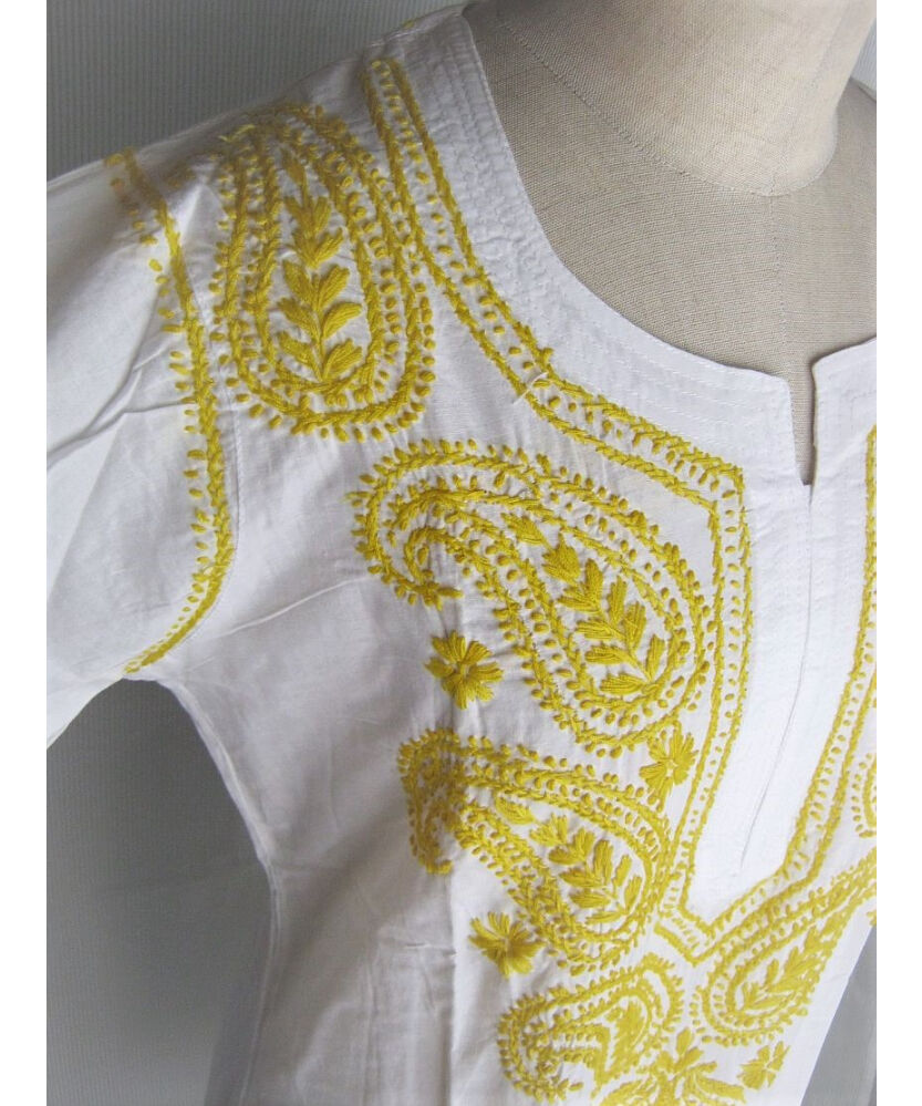 インド刺繍クルタcek5/S~SM/ホワイト・イエロー刺繍 インド刺繍クルタcek5/S~SM/ホワイト・イエロー刺繍