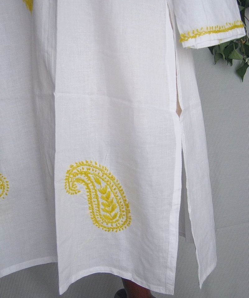 インド刺繍クルタcek5/S~SM/ホワイト・イエロー刺繍 インド刺繍クルタcek5/S~SM/ホワイト・イエロー刺繍
