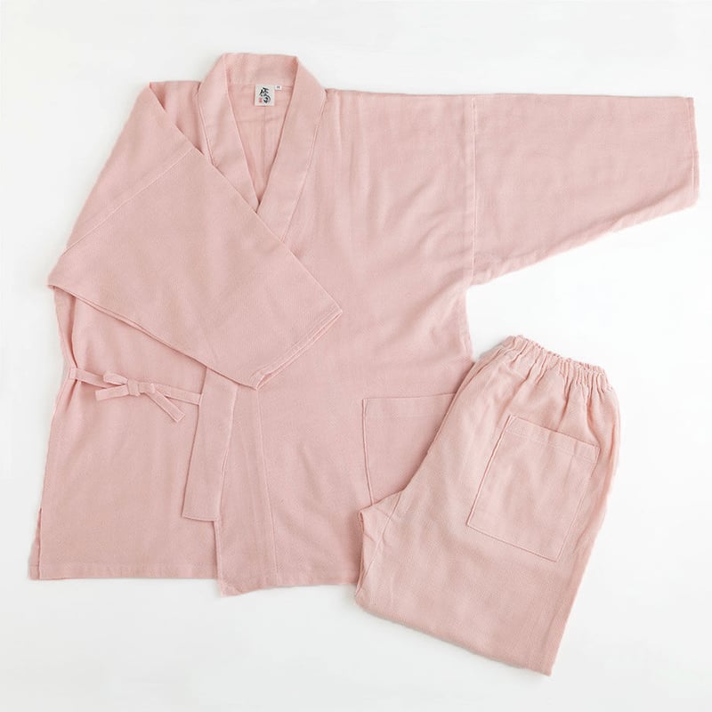 和晒ガーゼ作務衣 纏Matoi ドビー織｜ピンク | くらす和晒（わざらし
