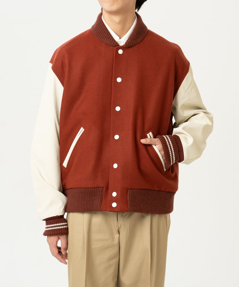 50 Wool melton relax varsity jacket (Burgandy 50 Wool melton relax varsity jacket (Burgandy
