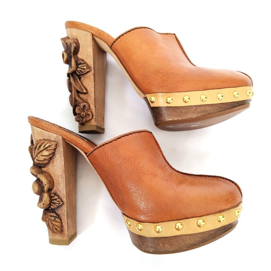 良品❤MIU MIU【ミュウミュウ】スタッズ 木彫りヒール ミュール 良品❤MIU MIU【ミュウミュウ】スタッズ 木彫りヒール ミュール
