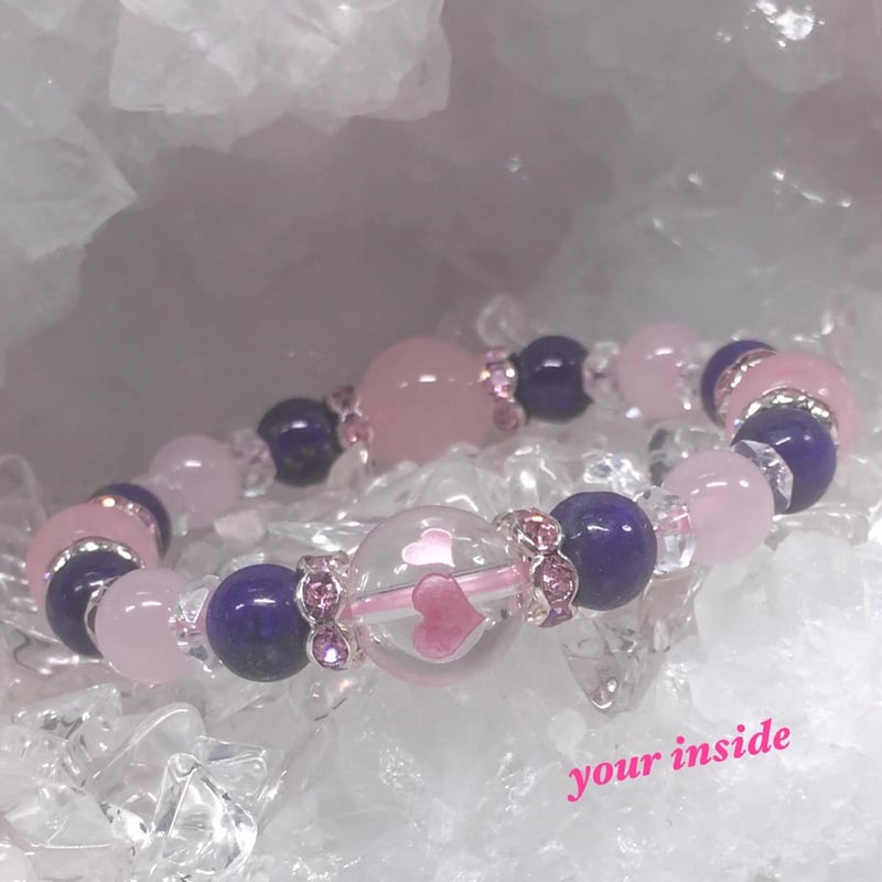 ラピスラズリ ピンク彫りハート柄水晶 天然石ブレスレット ラピスラズリ ピンク彫りハート柄水晶 天然石ブレスレット