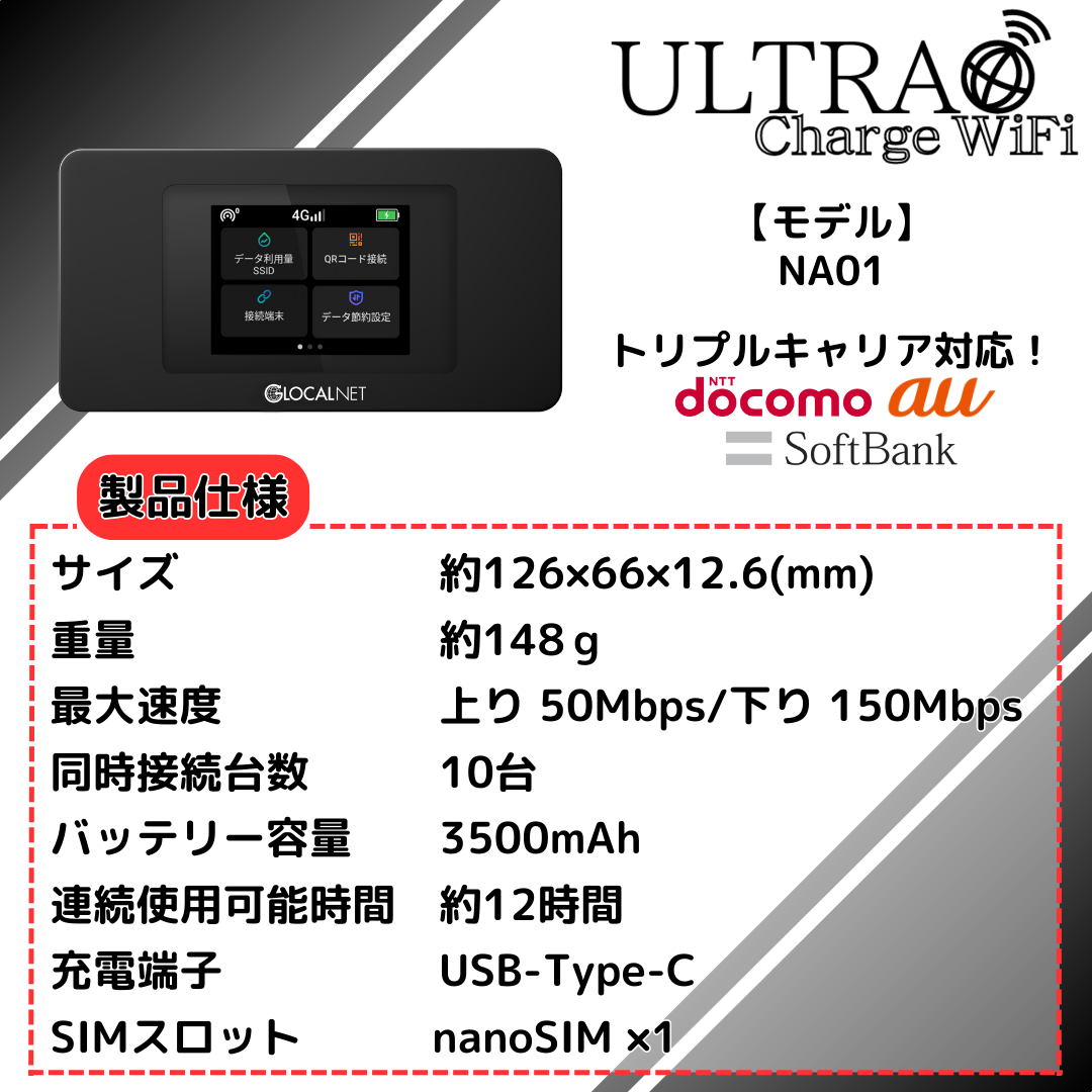 【ULTRA Charge WiFi】国内外通信対応 100GB付き ポケットwifiルーター...