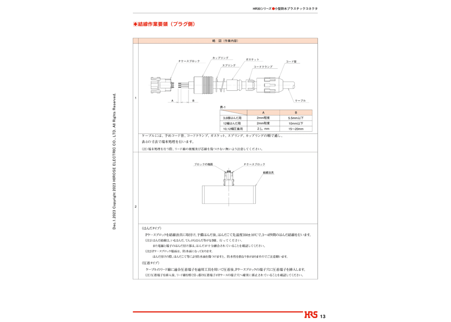 小型防水コネクタ HR30-7P-12S(71) 12極プラグ メス端子 はんだタイプ ヒロ...
