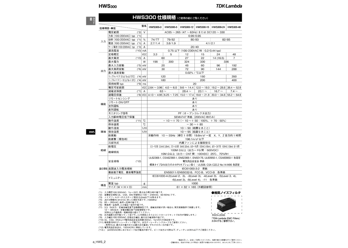 ACDC電源 300W24V HWS300-24 TDKラムダ ユニット電源 組込電源