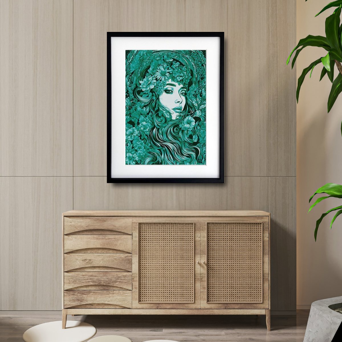 Emerald Muse｜花と女性が融合した幻想的アートポスター｜癒しと感性を呼び覚ますエメラ...